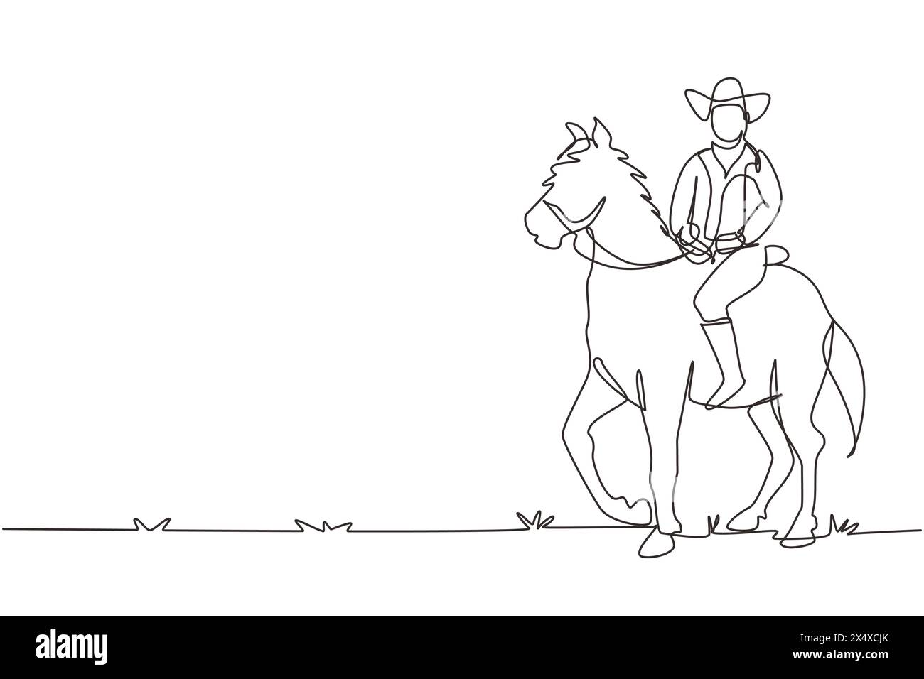 Single continuous line drawing cowboy riding standing horse at desert ...