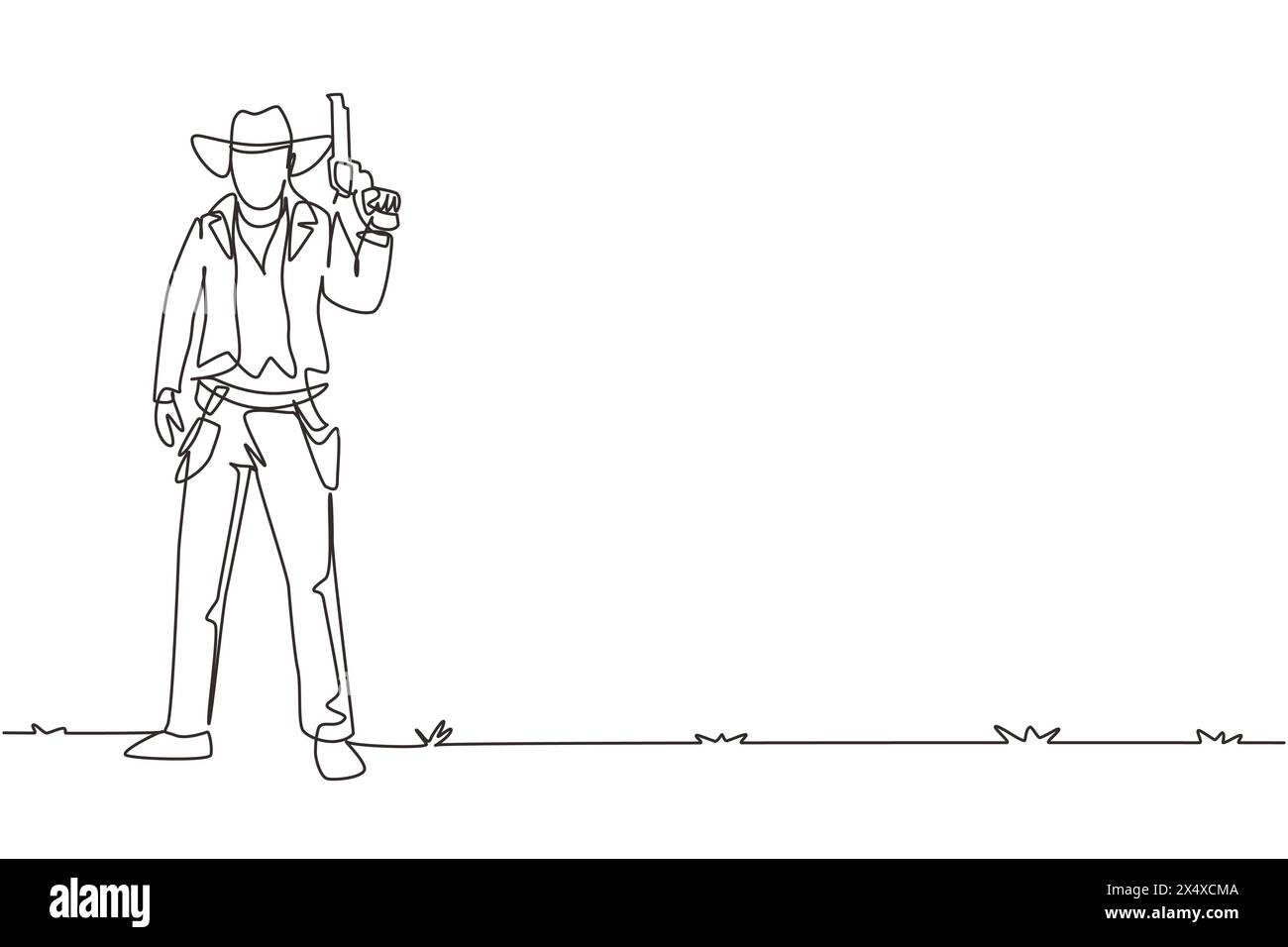 Single continuous line drawing smart cowboy with hat holding his gun ...