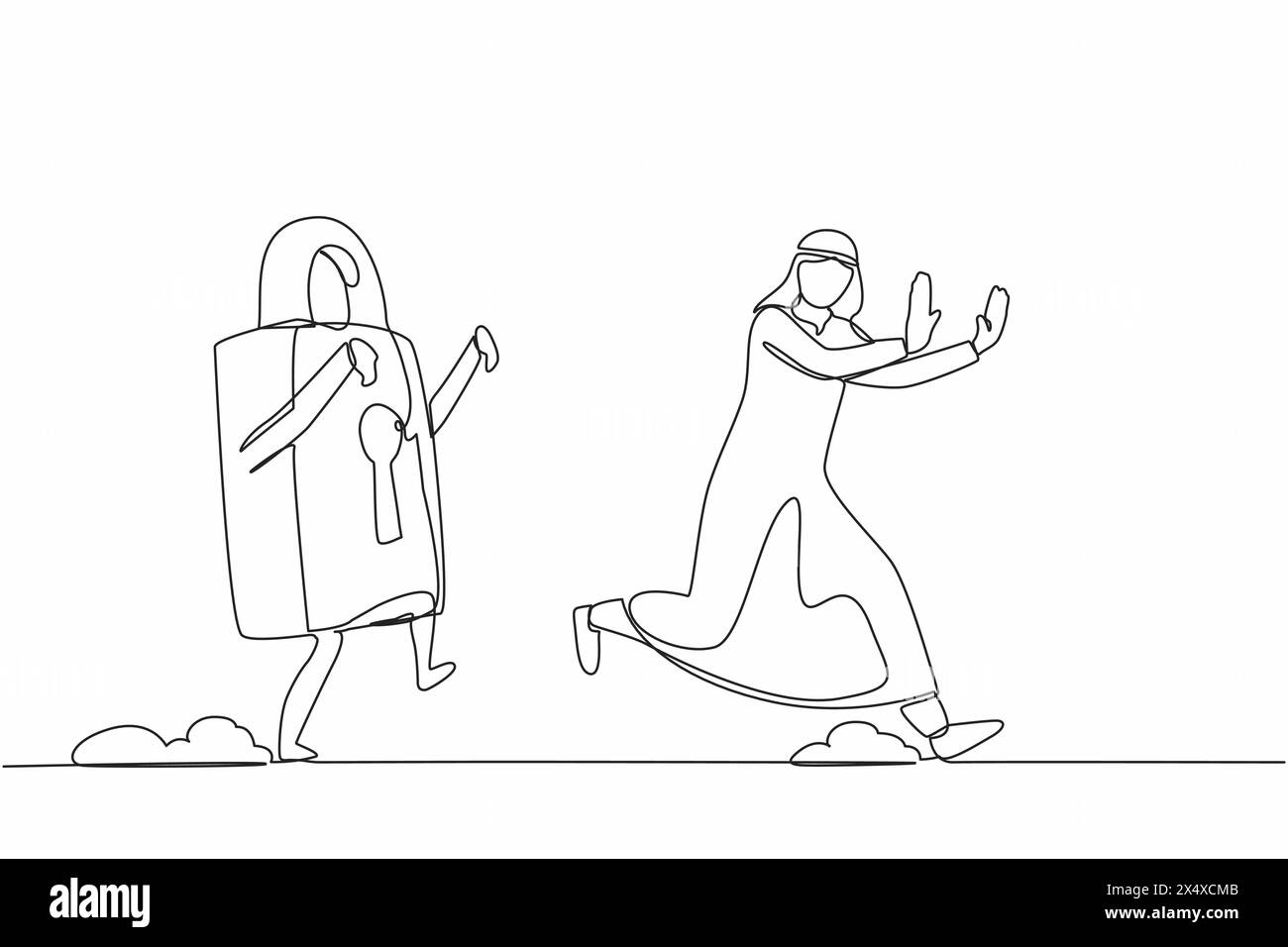 Continuous one line drawing unhappy Arabian businessman being chased by ...