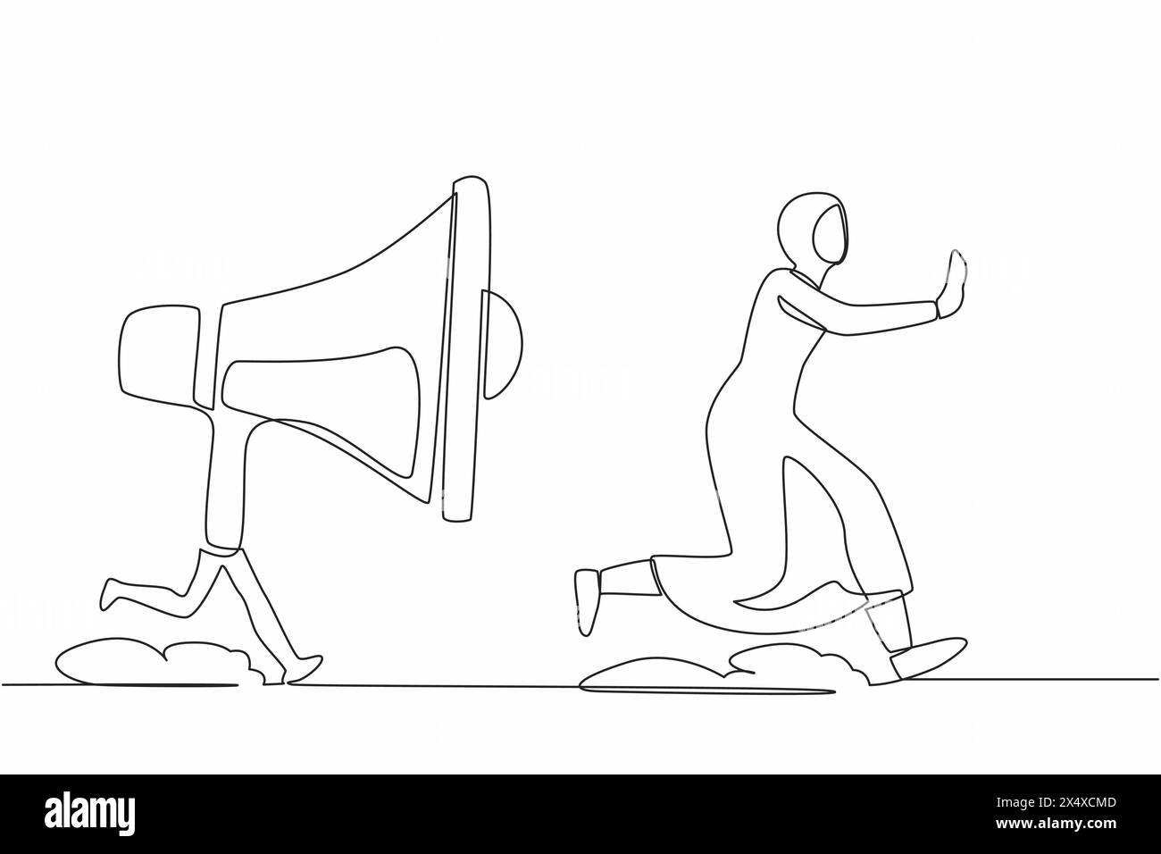 Continuous one line drawing fright Arabian businesswoman being chased ...