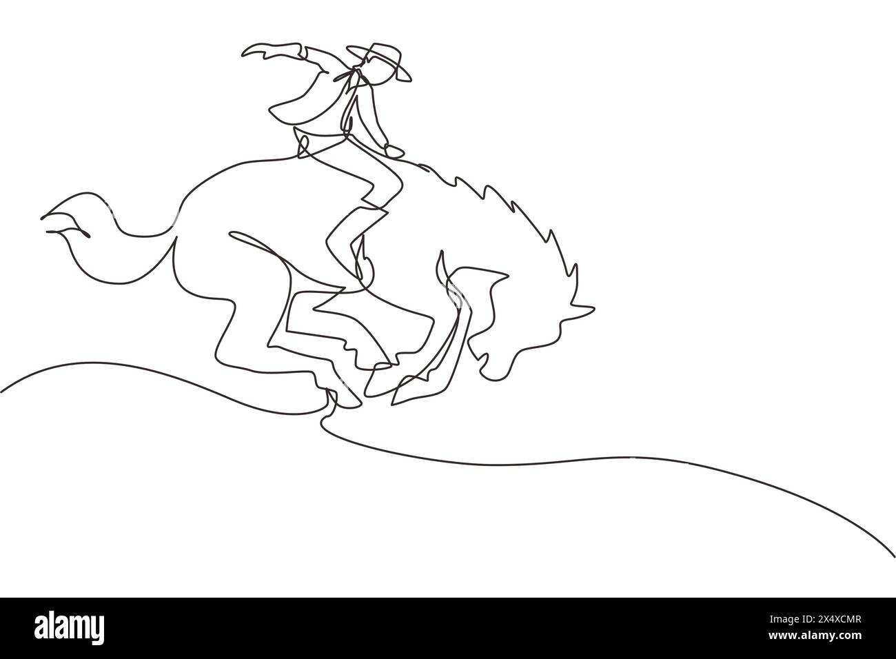 Single one line drawing cowboy taming wild horse at rodeo. cowboy on ...