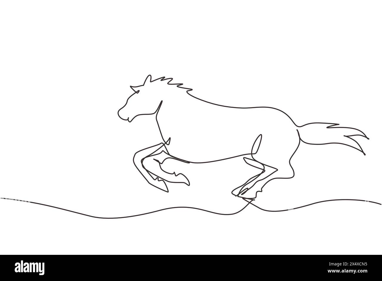 Single one line drawing running horse with long mane. Stallion lowered ...