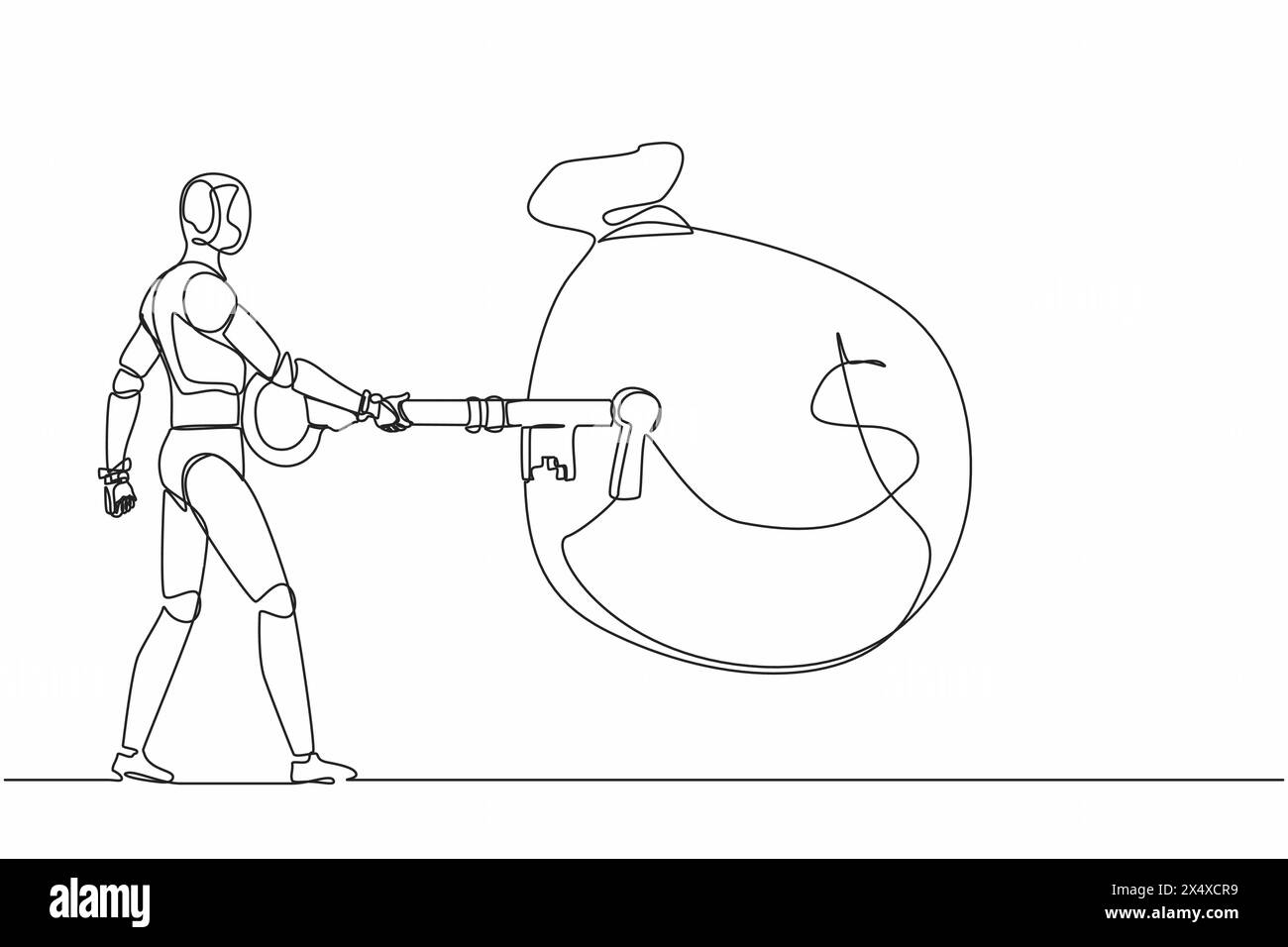 Continuous one line drawing robot put big key into money bag. Financial ...