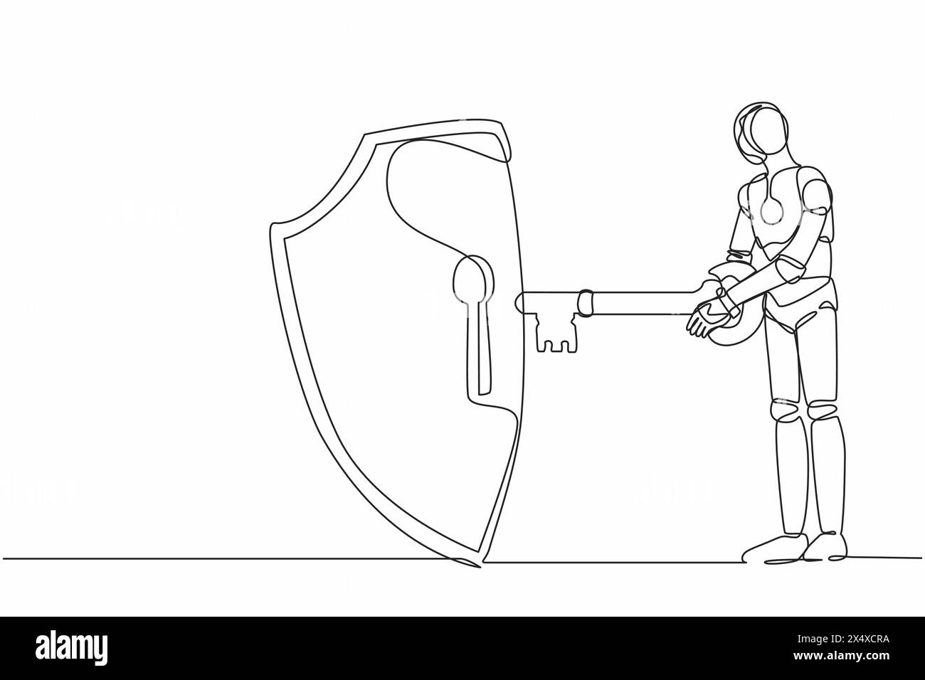 Single one line drawing robot put key into shield. Internet security ...