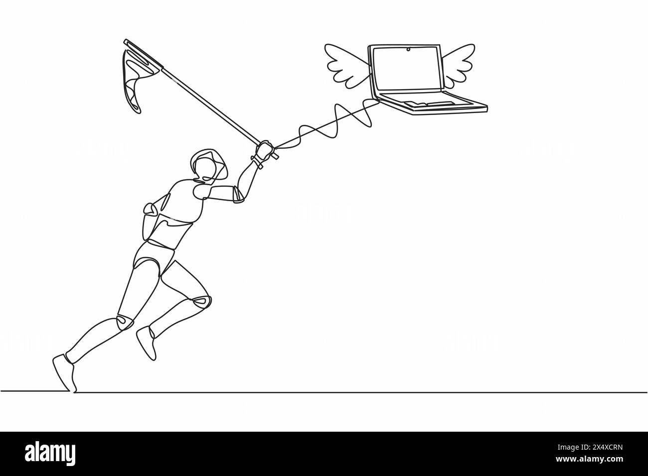 Continuous one line drawing robot try to catching flying laptop with ...