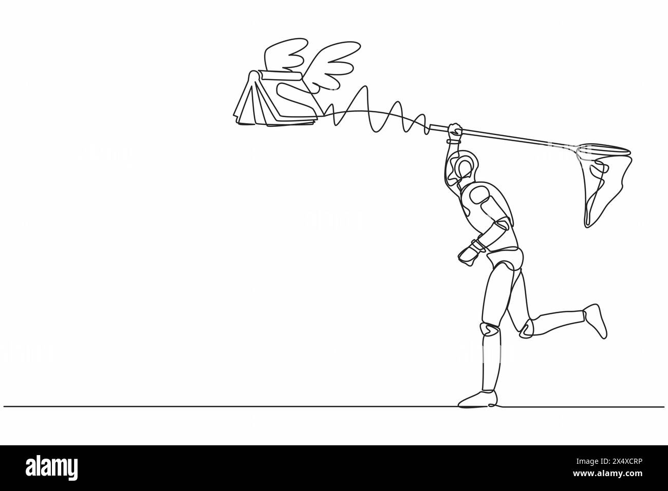 Single continuous line drawing robot try to catching flying book with ...