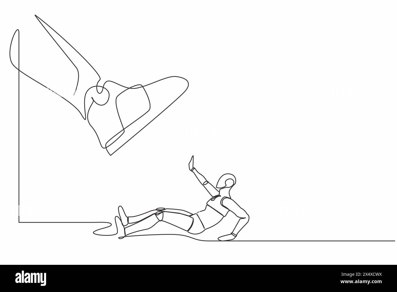 Continuous one line drawing robot under giant foot. Big boss foot in ...