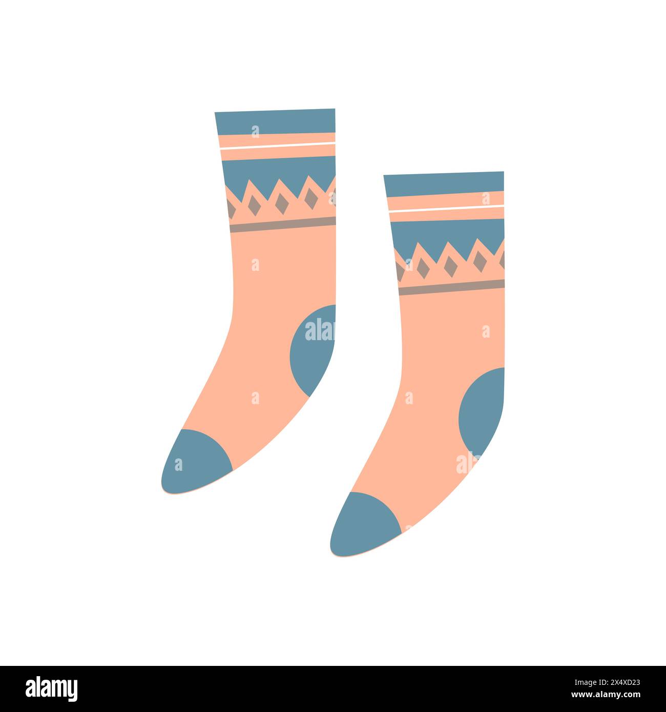 Knitted warm pink socks with blue pattern, cold weather foot wear ...