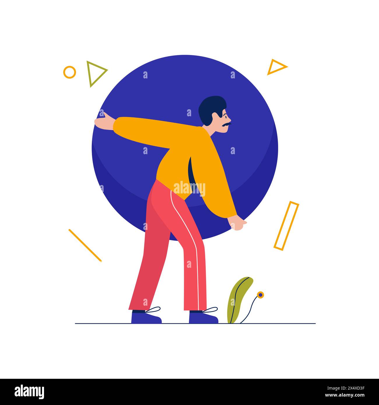 Man holding geometric figure, tiny male character carrying blue round ...