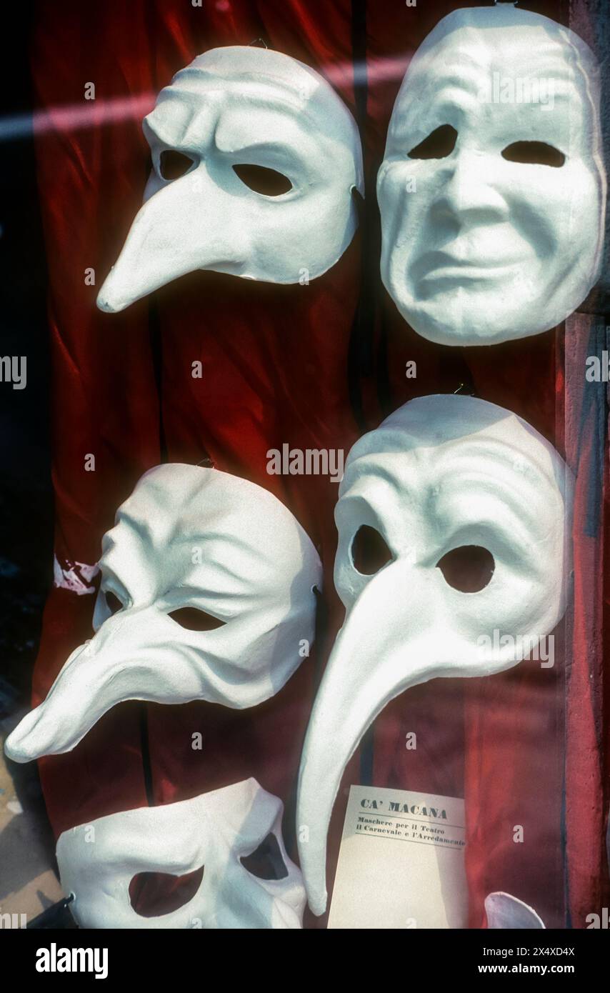 A 1990s archive photograph of white unpainted carnival masks in the ...