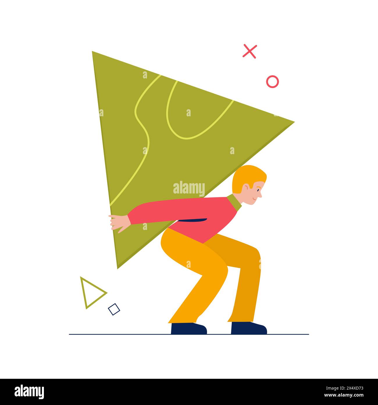Man carrying heavy geometric figure with efforts, tiny male character ...