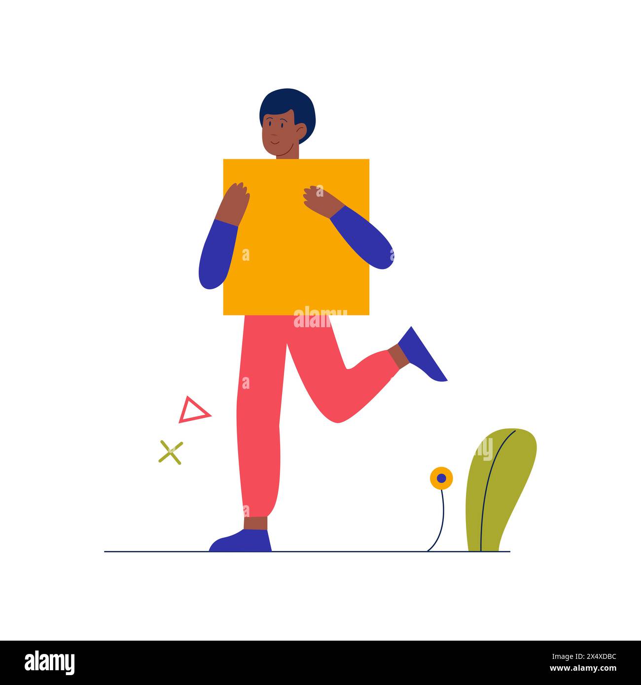 Man holding abstract yellow square form to organize space and system of ...