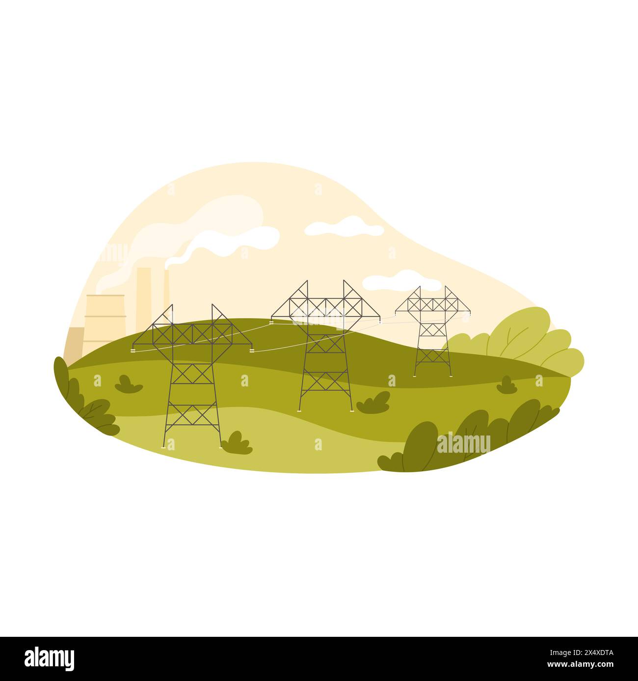 Summer rural landscape with high voltage power line and transmission ...