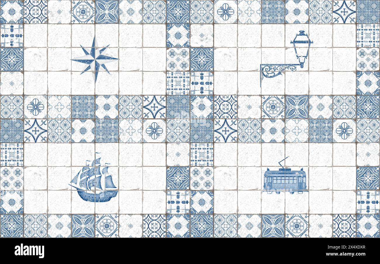 Watercolor seamless pattern with azulejo traditional portuguese ...