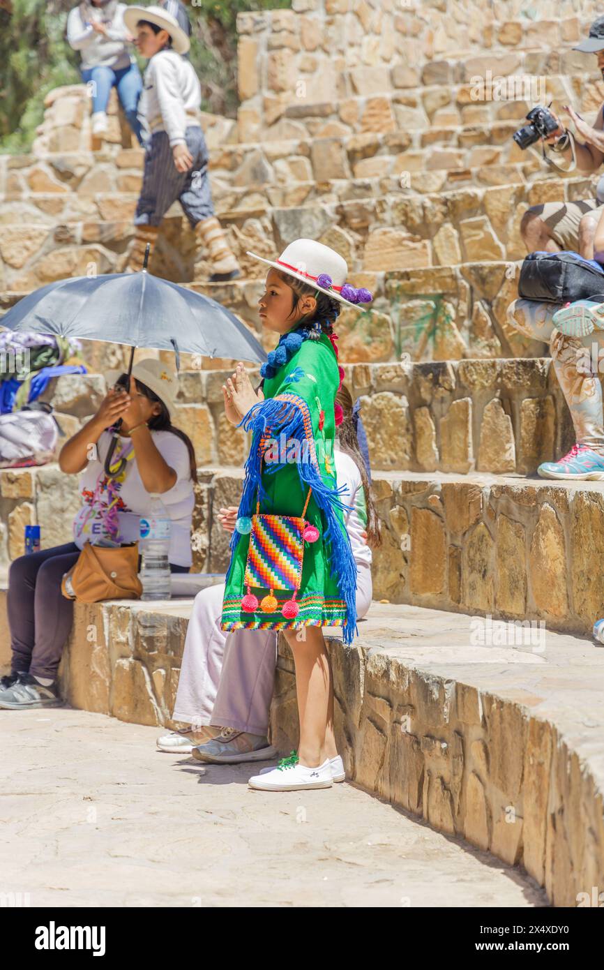 Jujuy, Argentina - January 25th 2024: Girl in traditional colla ...