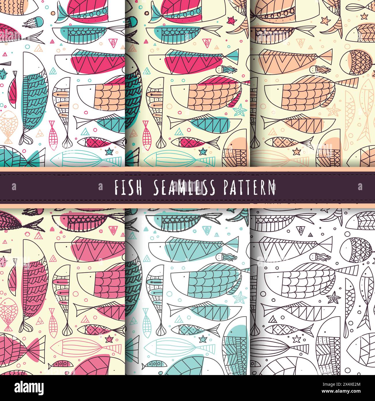 Fish and marine lift pattern seamless. Set of 6 line hand drawn fish ...