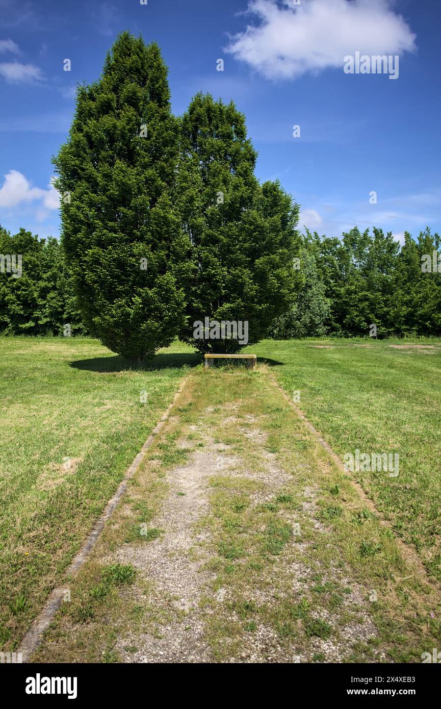 Bench under two trees at the end of a path in a park in the italian ...