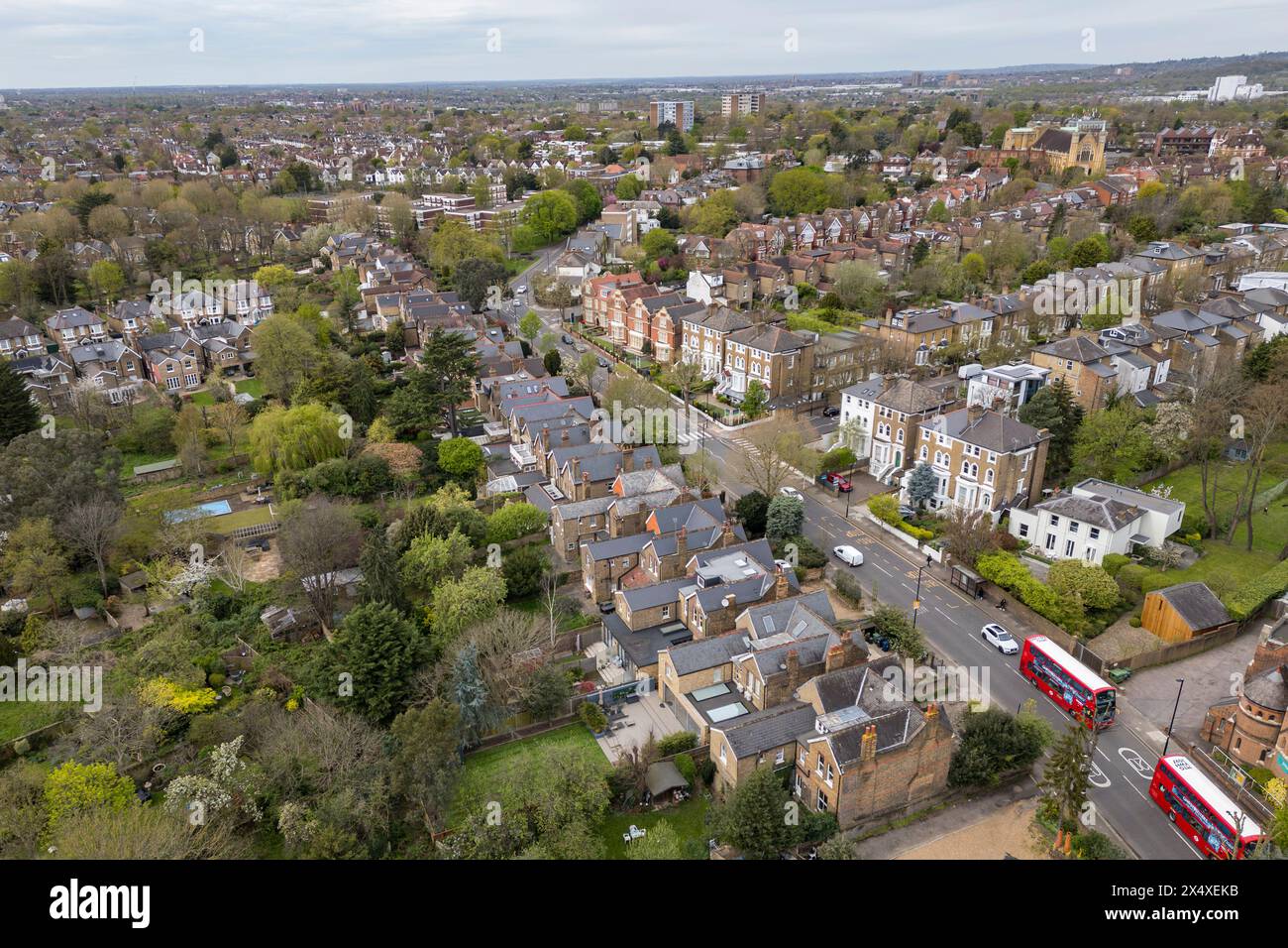 General aerial view of residential area of Ealing (W5), heading along ...