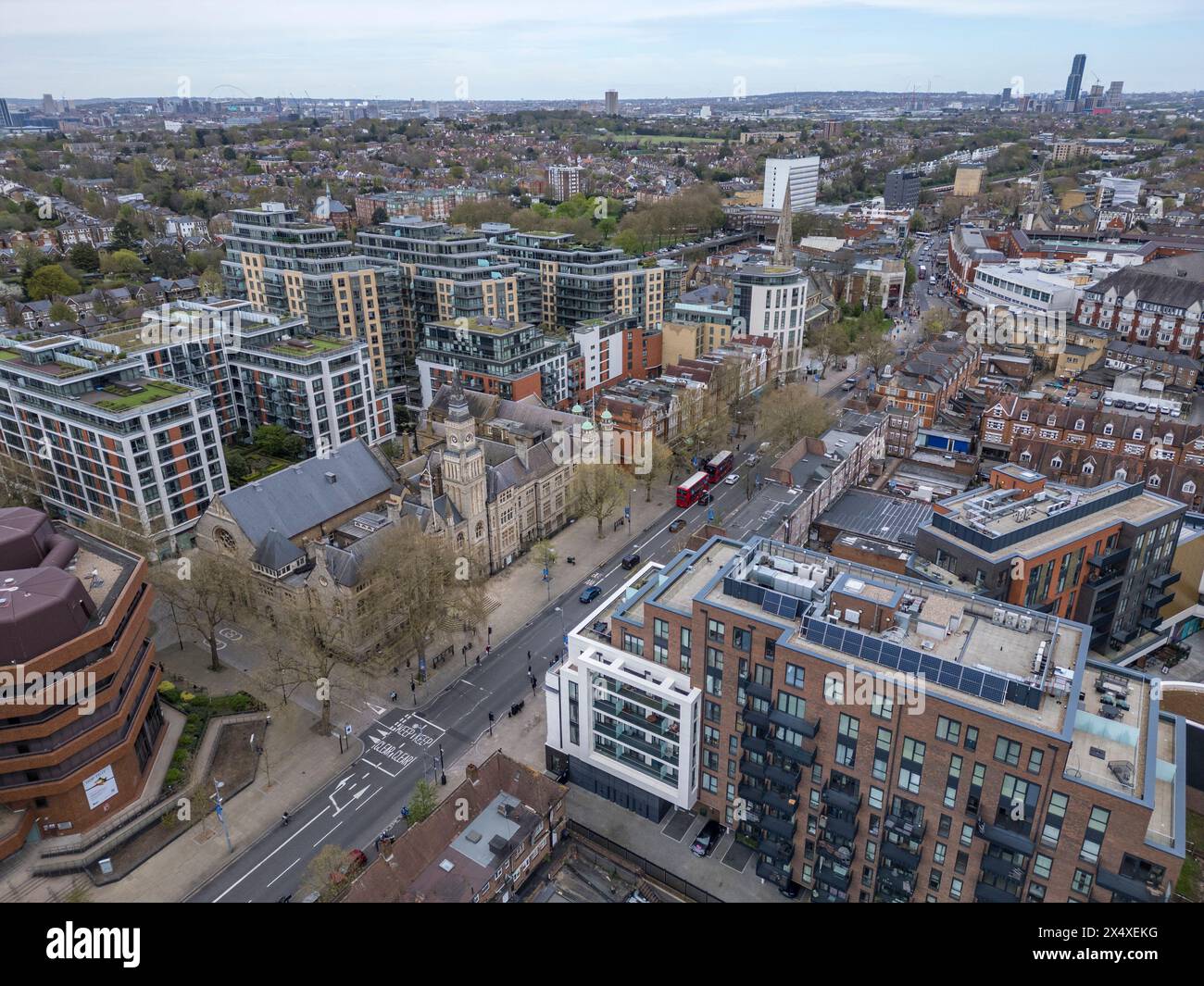 Aerial view of the Old Town Hall and Broadway shopping area, Ealing ...
