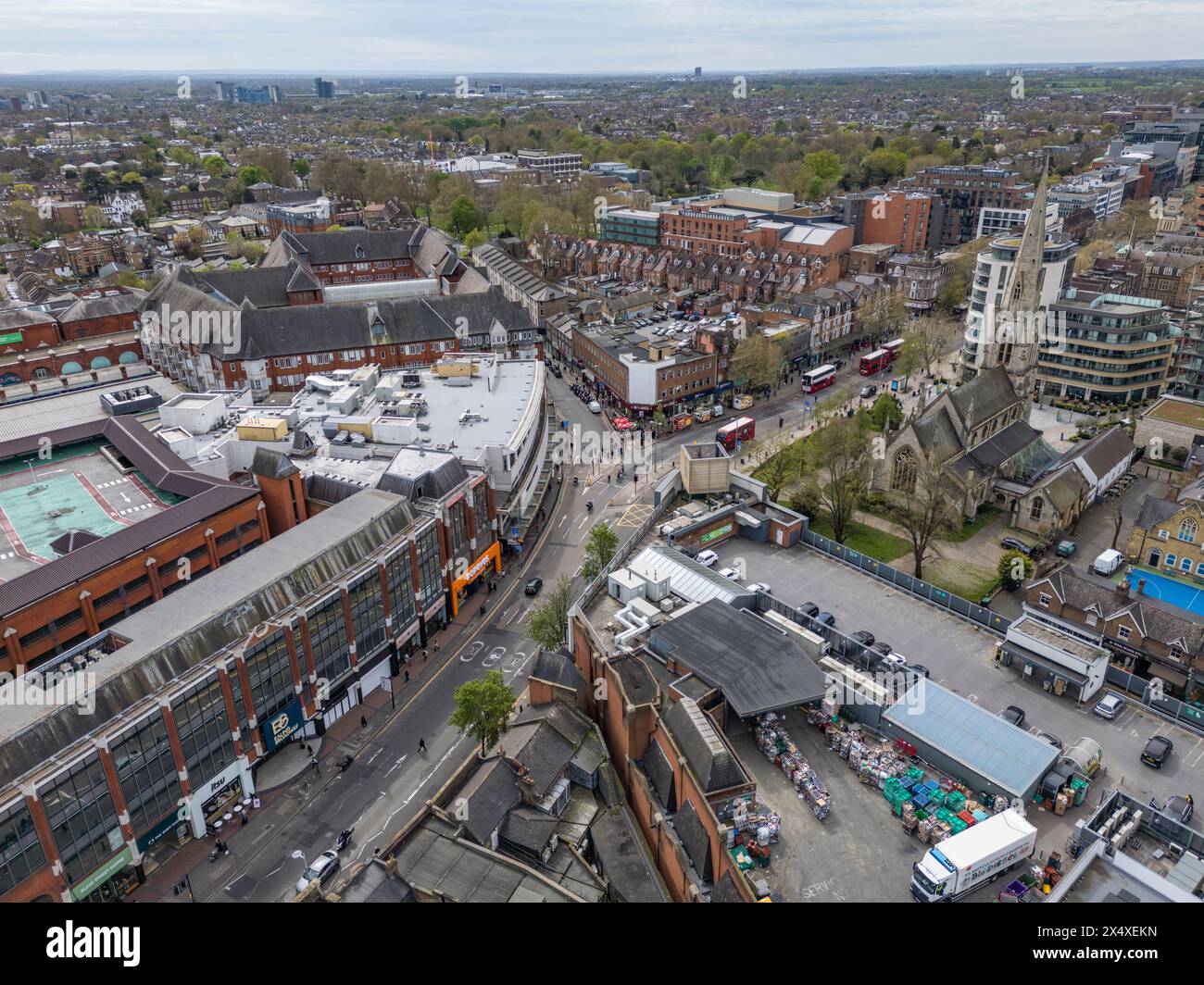 General aerial view of Ealing Broadway shopping area, Ealing, London ...