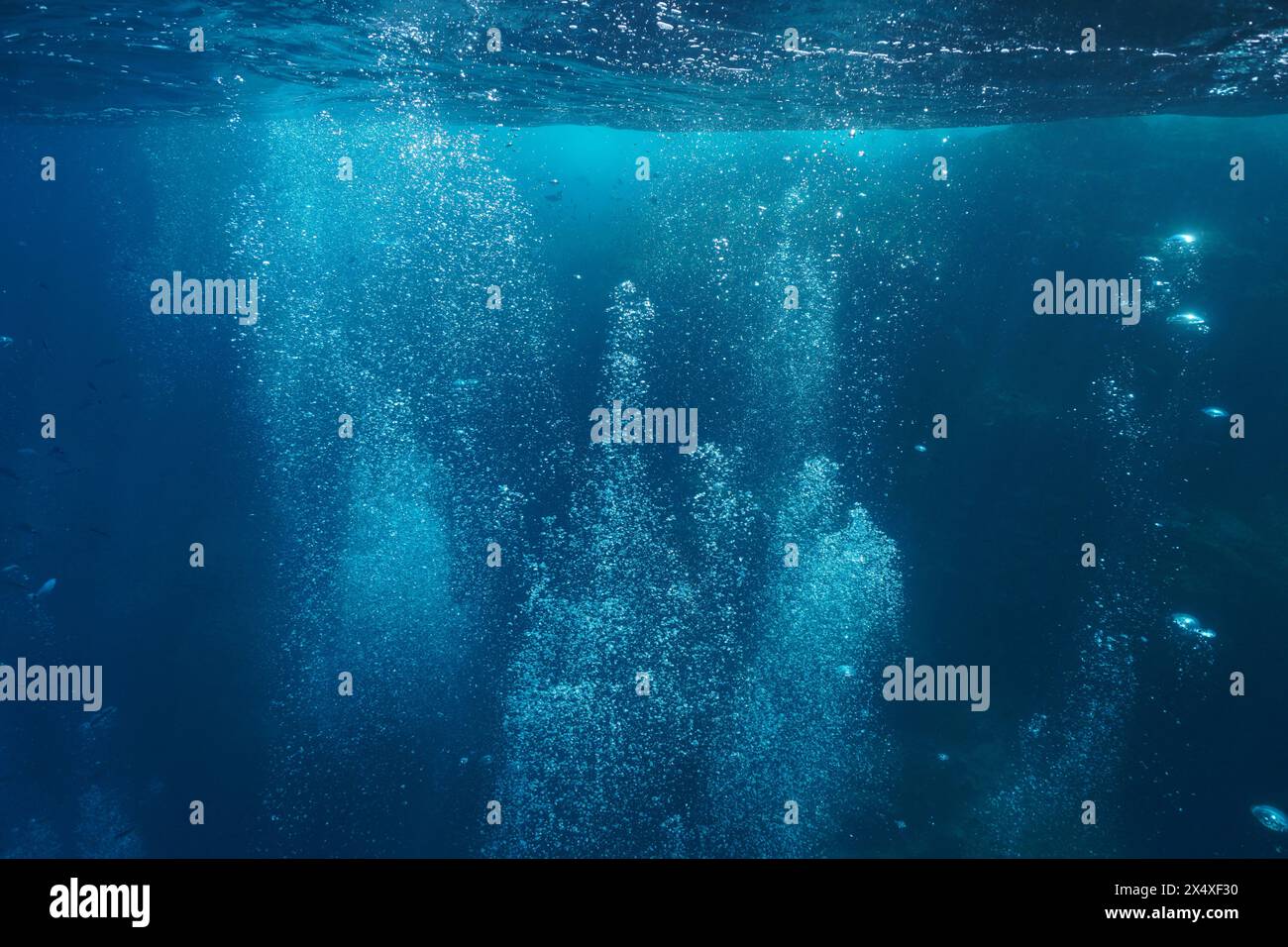 Air bubbles underwater rising to water surface in the Mediterranean sea, natural scene, Spain ...
