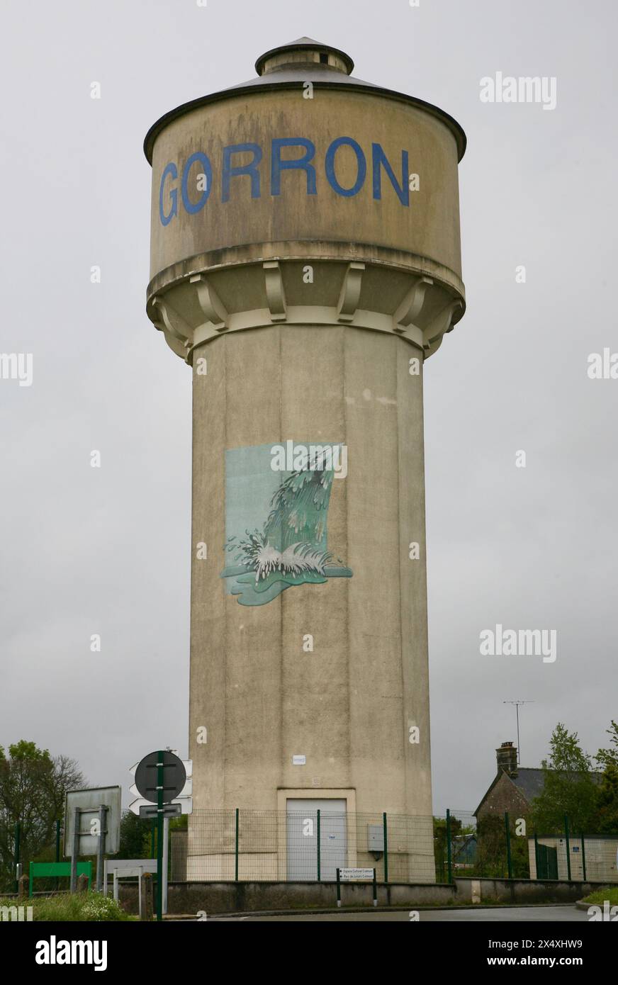 A view of the water tower in the town of Gorron, Mayenne, North West ...