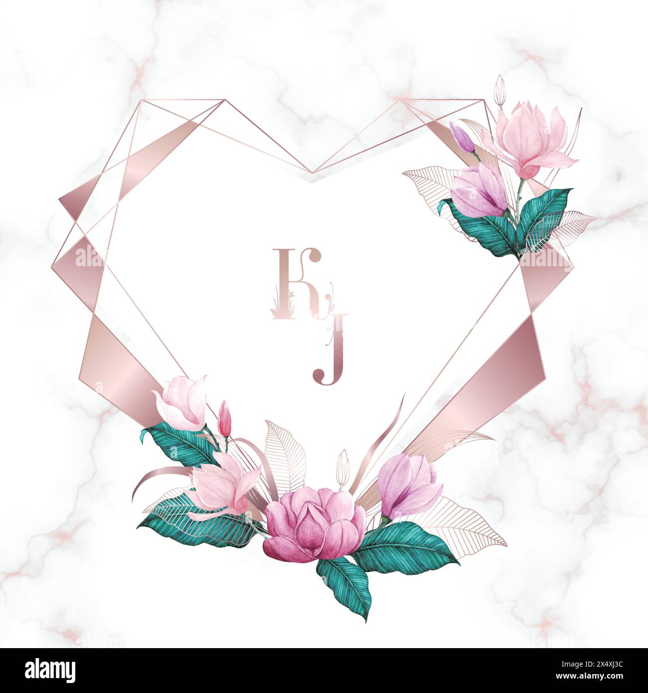 Watercolor floral with rose gold heart geometric frame, multi purpose ...