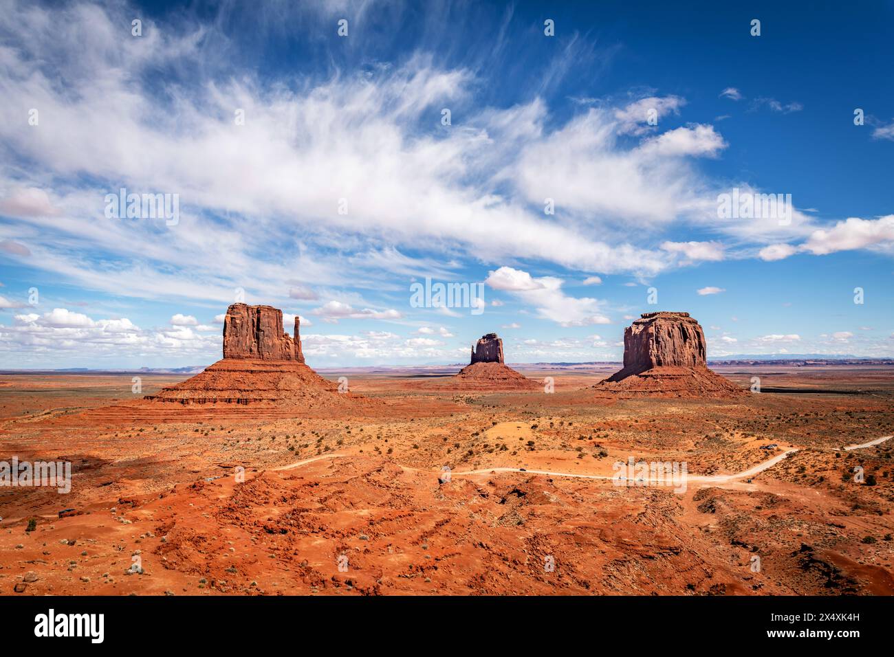 East, West and Merrick Butte overlook at Monument Valley shows the ...