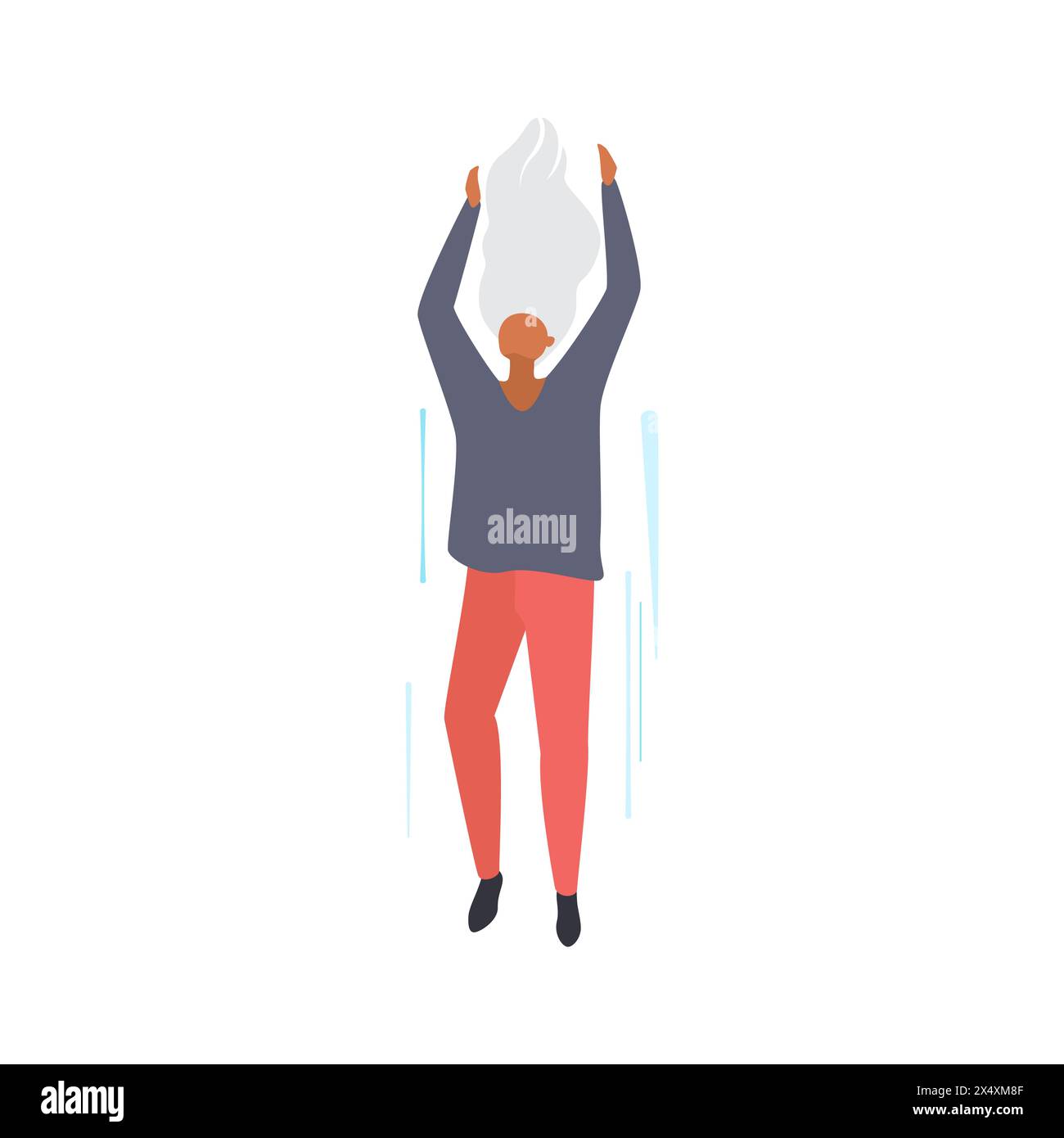 Elderly woman flying down in stream of air, hair fluttering in wind ...