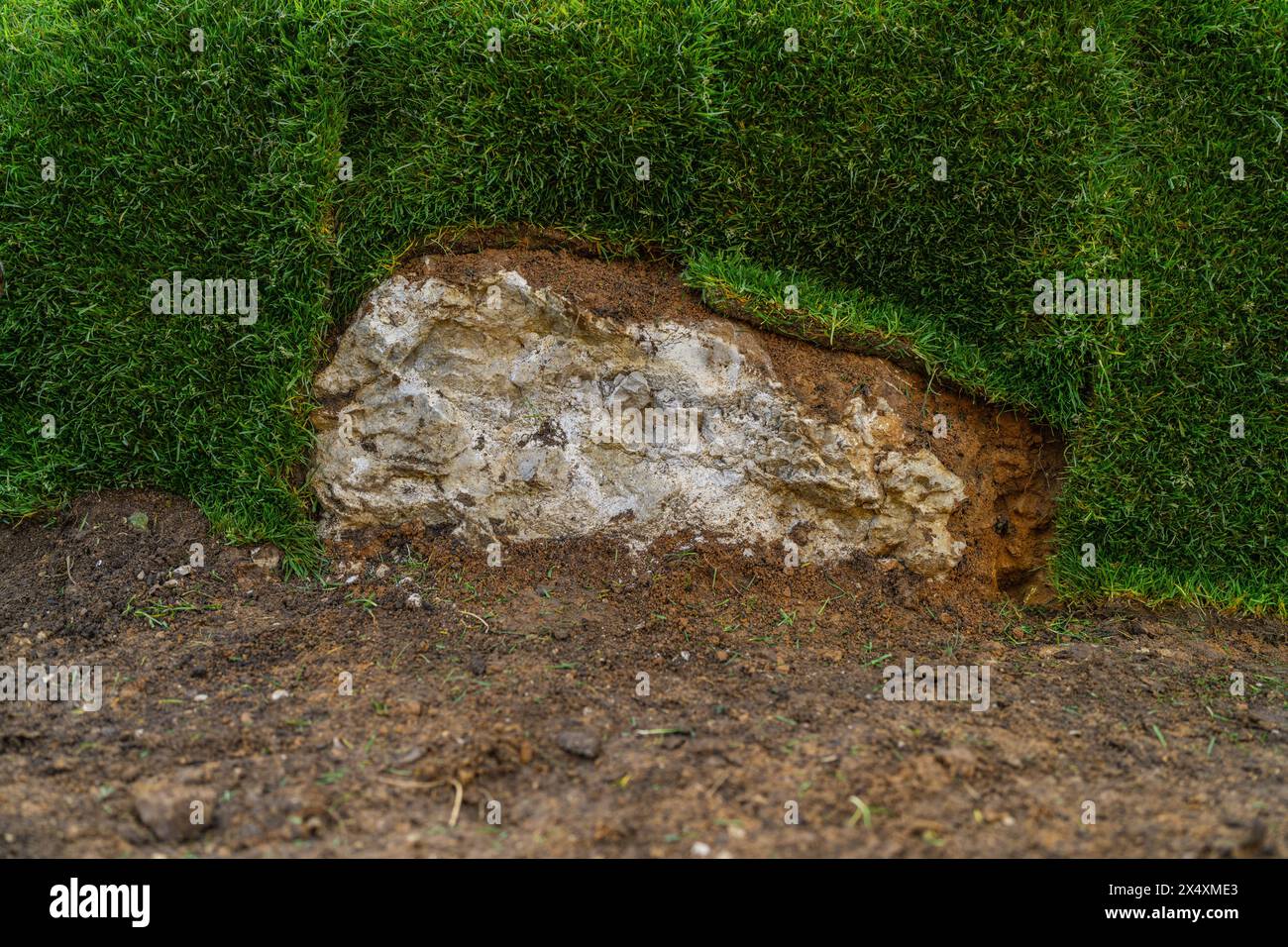 large stone on a slope, surrounded by newly laid, rolled turf ...