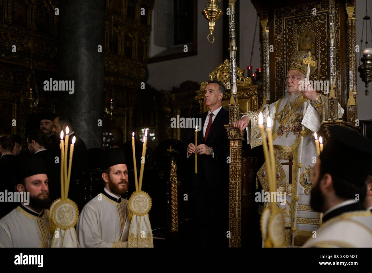 Instabul, Turkey. 05th May, 2024. The Ecumenical Patriarch Bartholomew I (R) seen on a throne ...