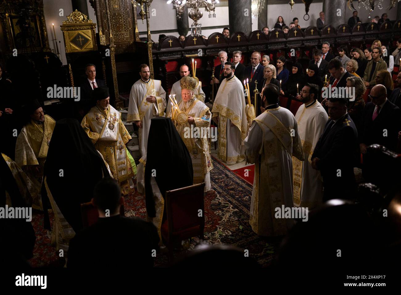 Instabul, Turkey. 5th May, 2024. The Ecumenical Patriarch Bartholomeus I (C) seen holding ...