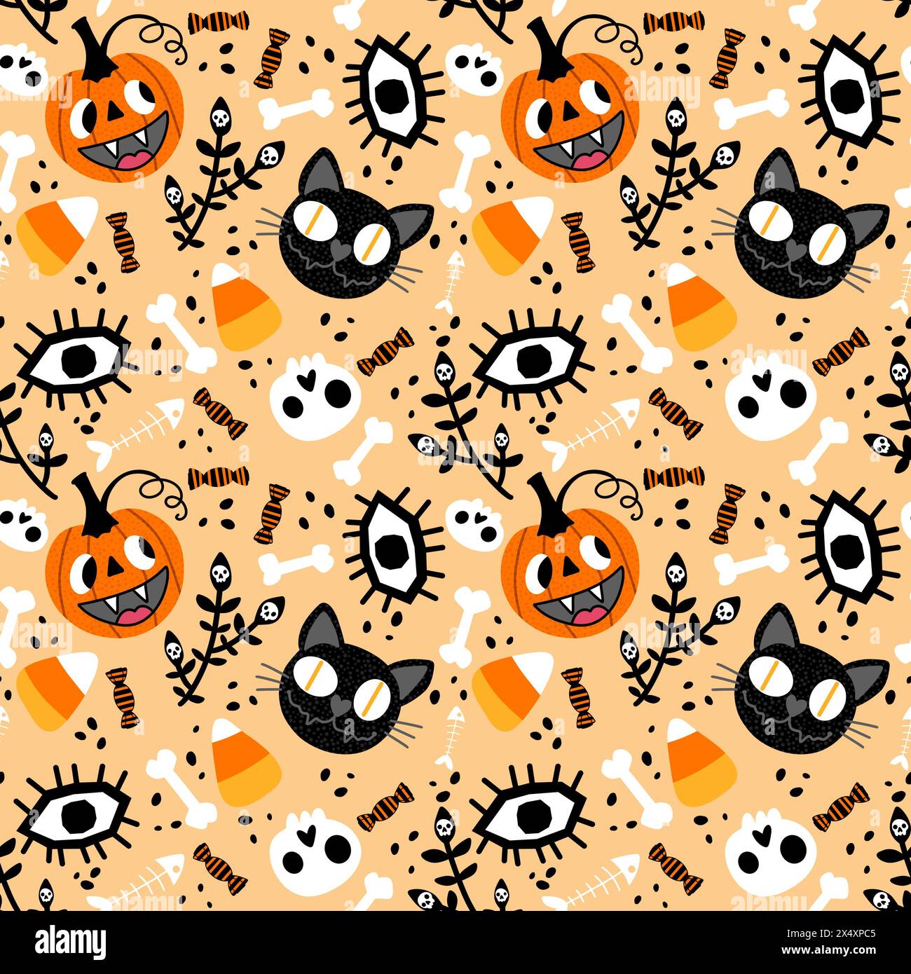Autumn cartoon Halloween monsters seamless pumpkins and cats and eyes ...