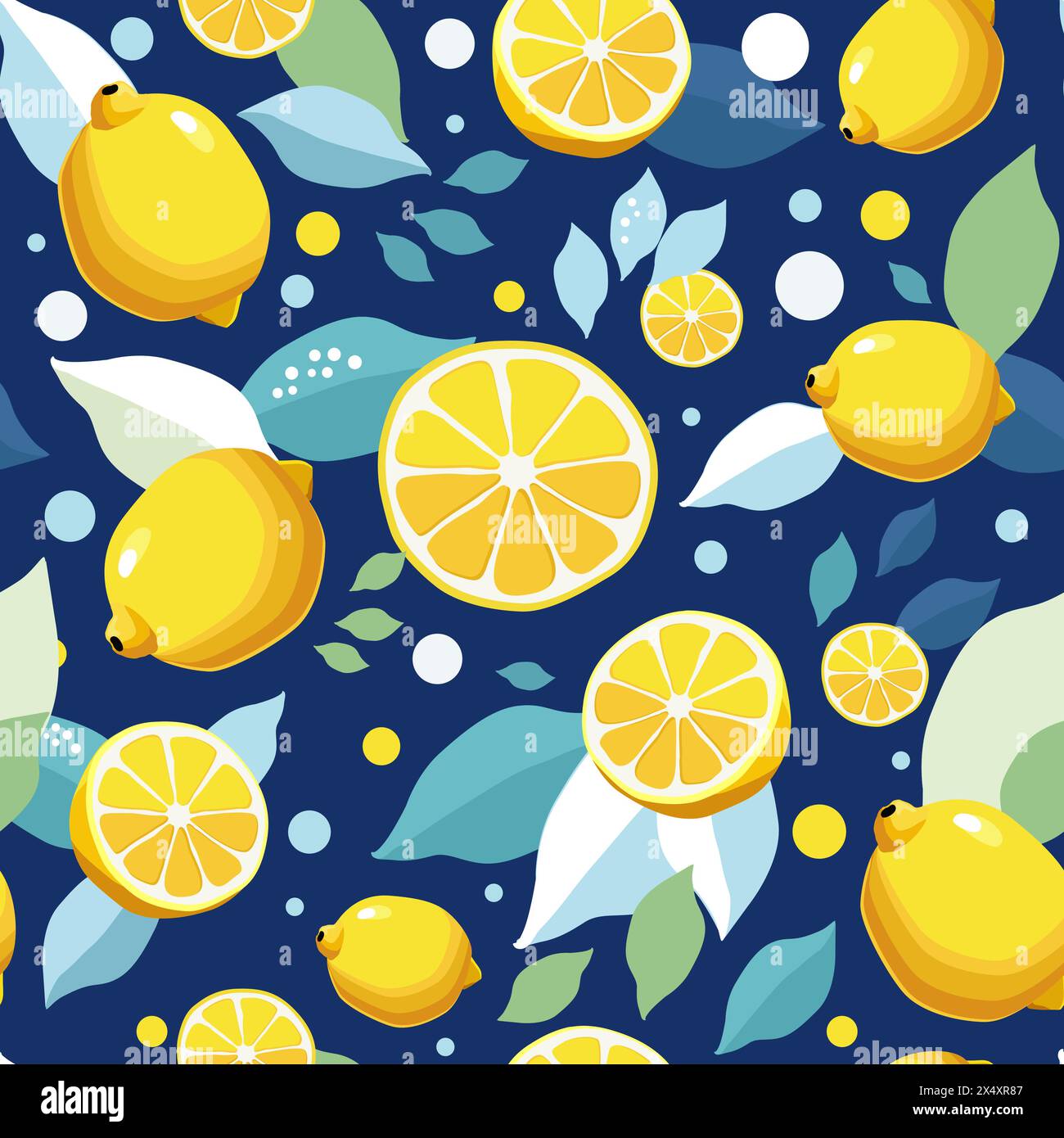 Vector seamless pattern with yellow lemons and green leaves. Isolated ...