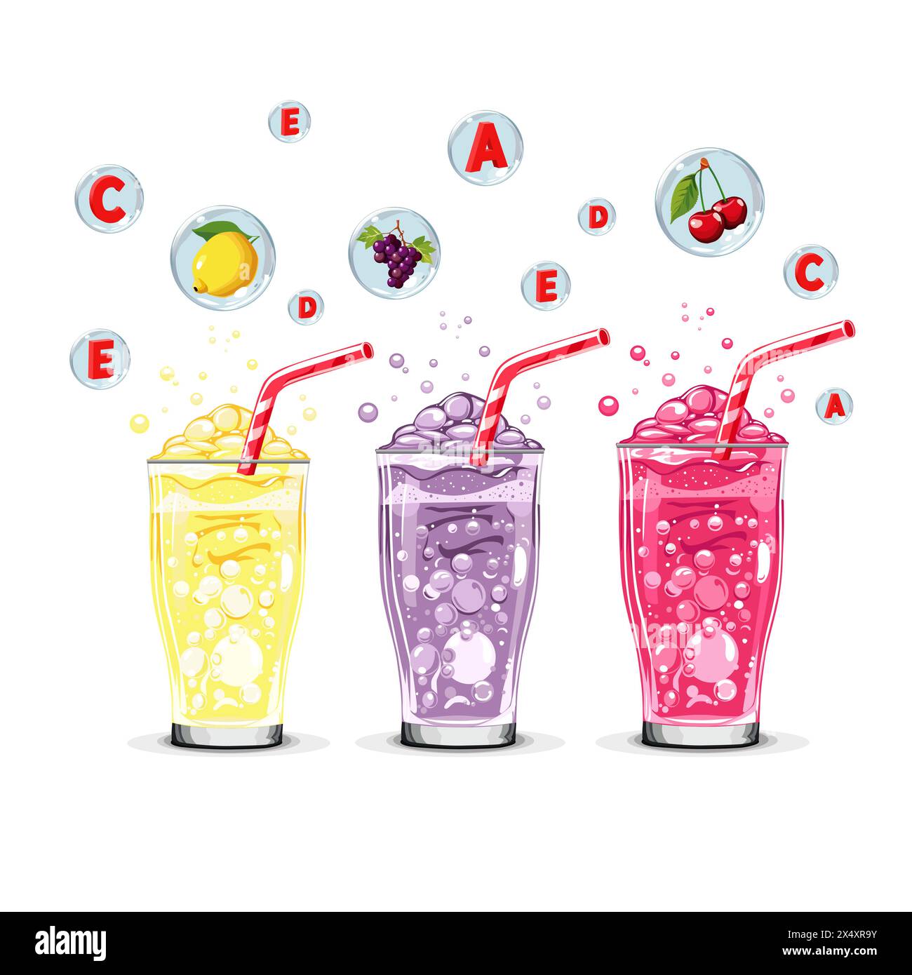 Healthy pink, purple and yellow oxygen cocktails with fruit in air ...