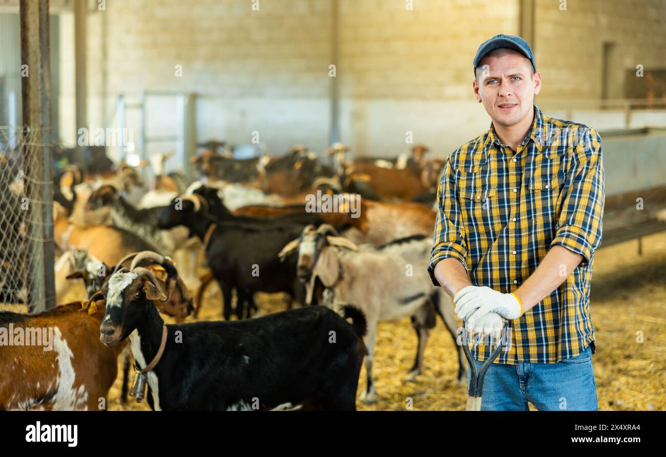 Experienced livestock farm worker standing in goat stall Stock Photo ...