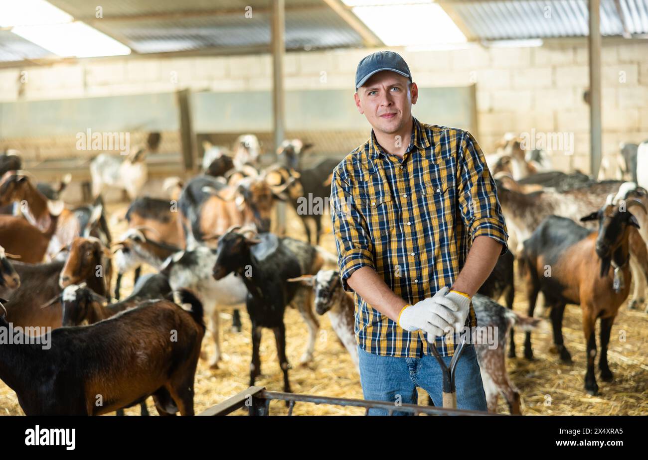 Portrait of focused busy Latin female employee working with hay and ...