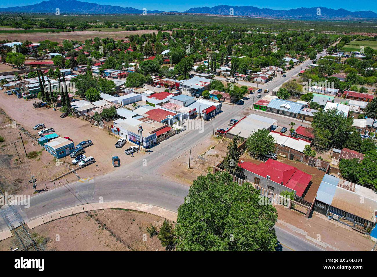 Aerial view of train tracks in the town Esqueda Sonora Mexico. Esqeuda ...