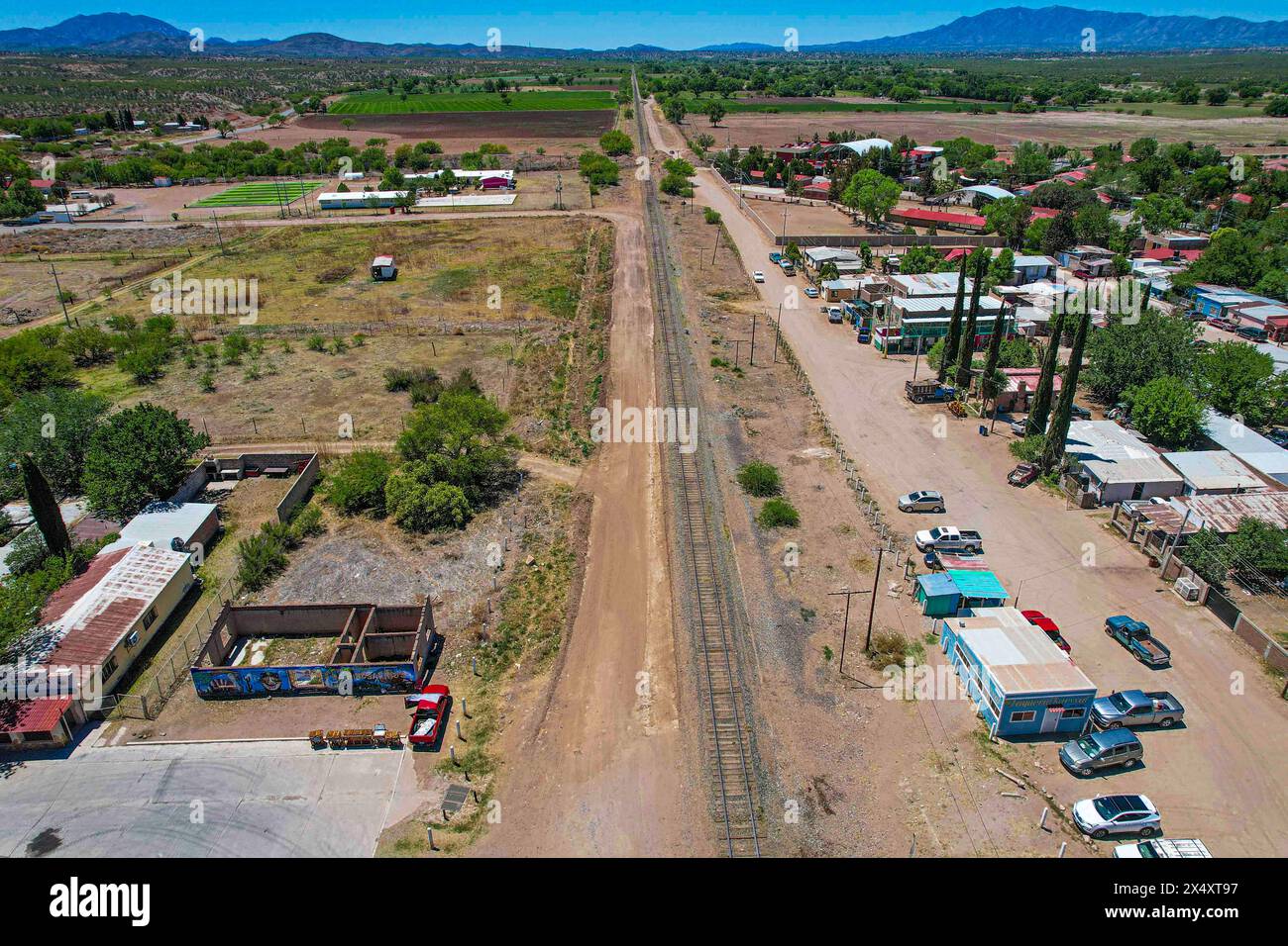 Aerial view of train tracks in the town Esqueda Sonora Mexico. Esqeuda ...