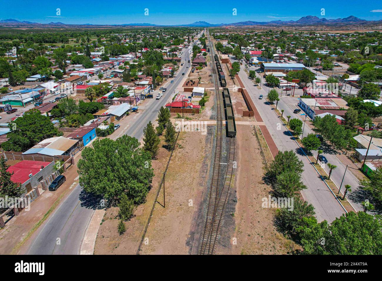 Aerial view of train tracks in the town Esqueda Sonora Mexico. Esqeuda ...