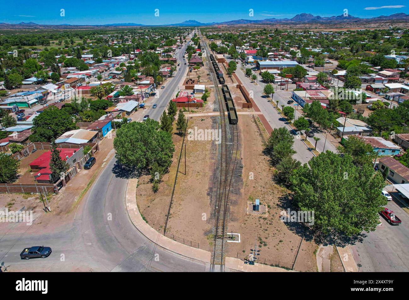 Aerial view of train tracks in the town esqueda sonora hi-res stock ...