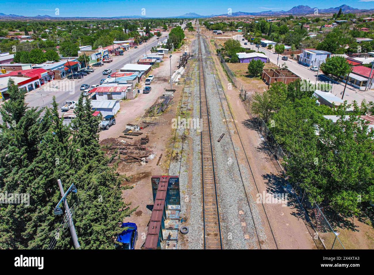 Aerial view of train tracks in the town Esqueda Sonora Mexico. Esqeuda ...