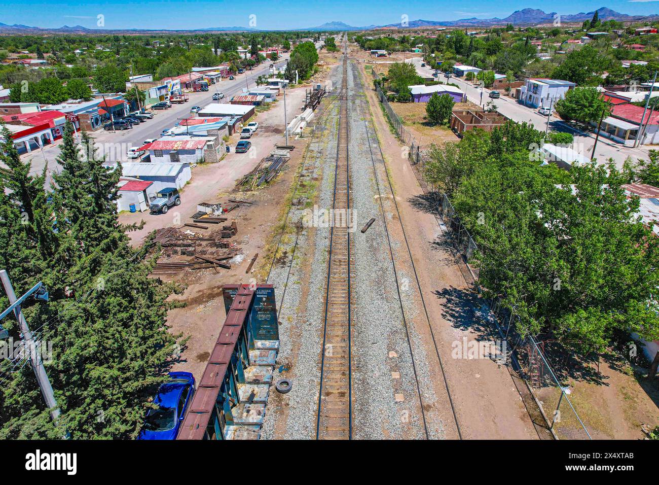 Aerial view of train tracks in the town Esqueda Sonora Mexico. Esqeuda ...