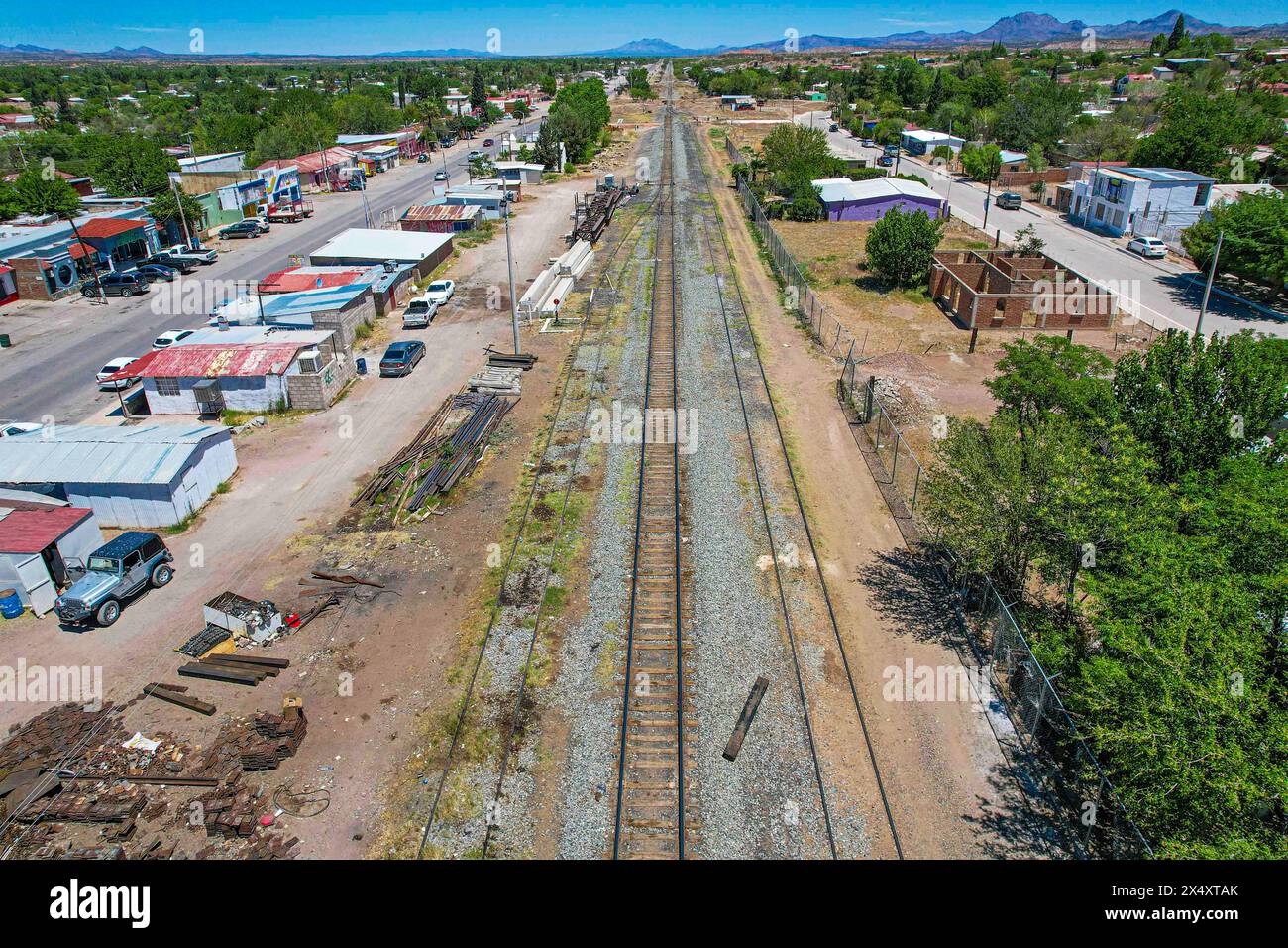 Aerial view of train tracks in the town Esqueda Sonora Mexico. Esqeuda ...