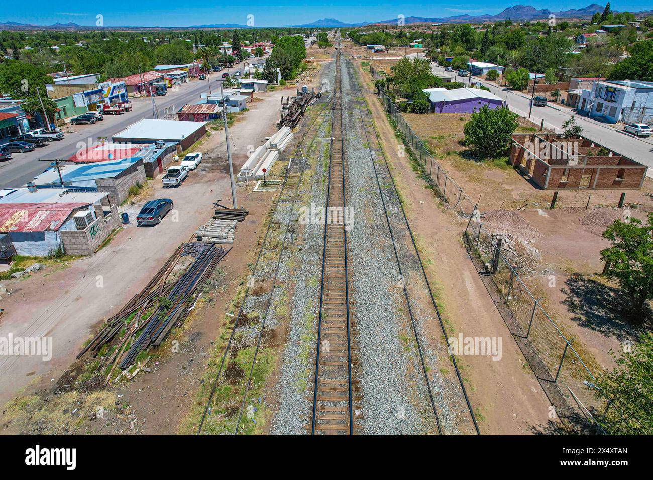Aerial view of train tracks in the town Esqueda Sonora Mexico. Esqeuda ...