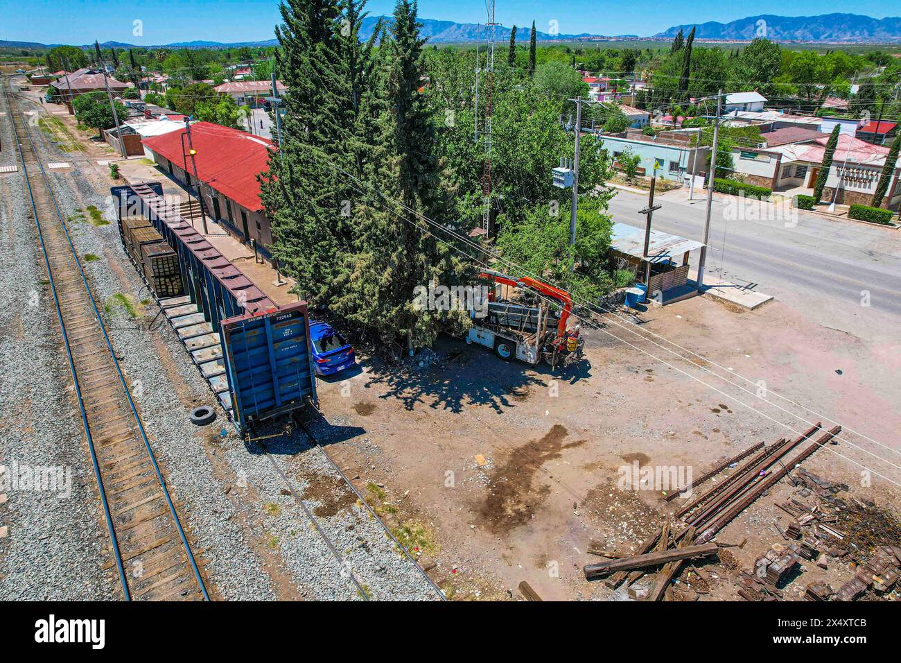 Aerial view of train tracks in the town Esqueda Sonora Mexico. Esqeuda ...