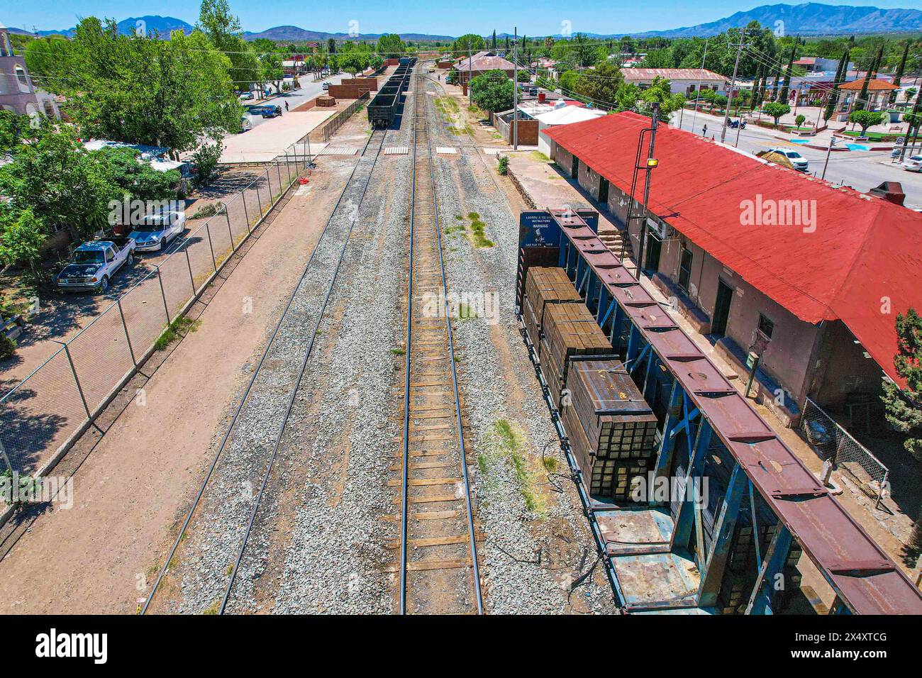 Aerial view of train tracks in the town Esqueda Sonora Mexico. Esqeuda ...