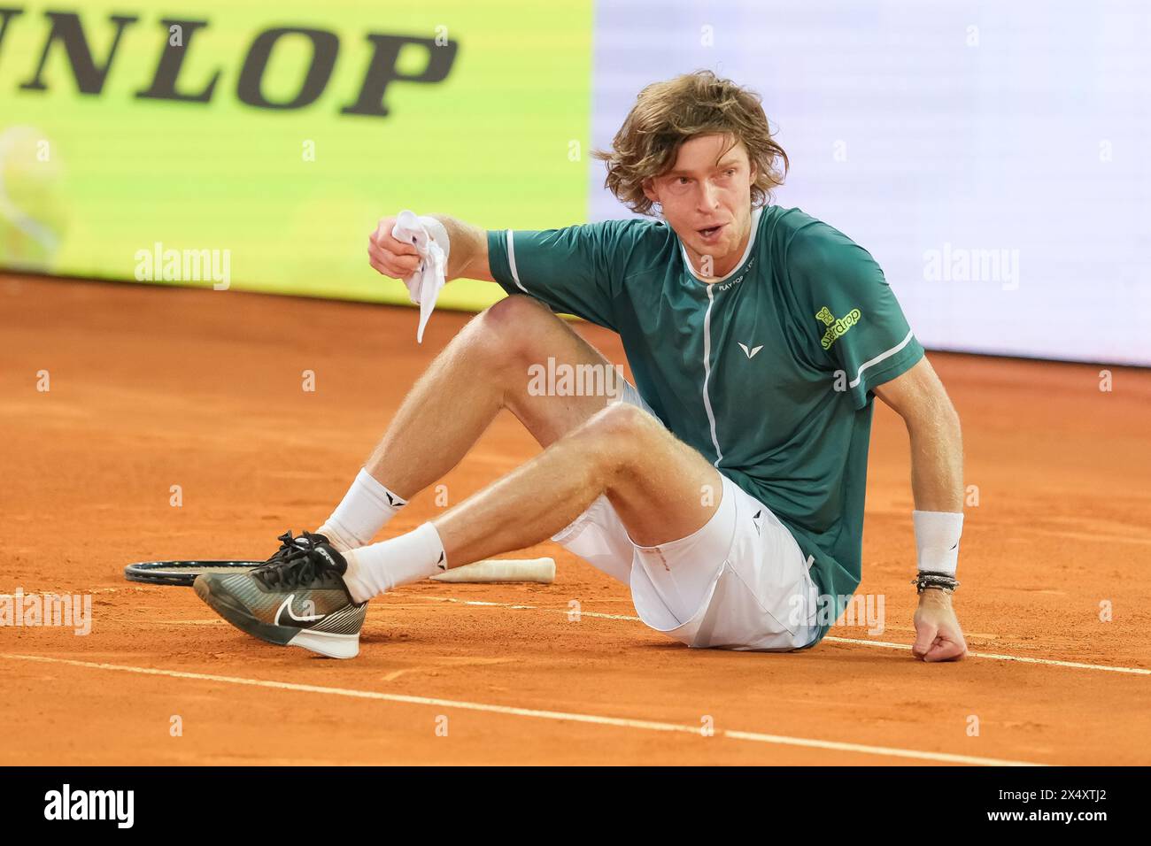 Andrey Rublev poses with the Mutua Madrid Open trophy following victory in the Men's Singles ...