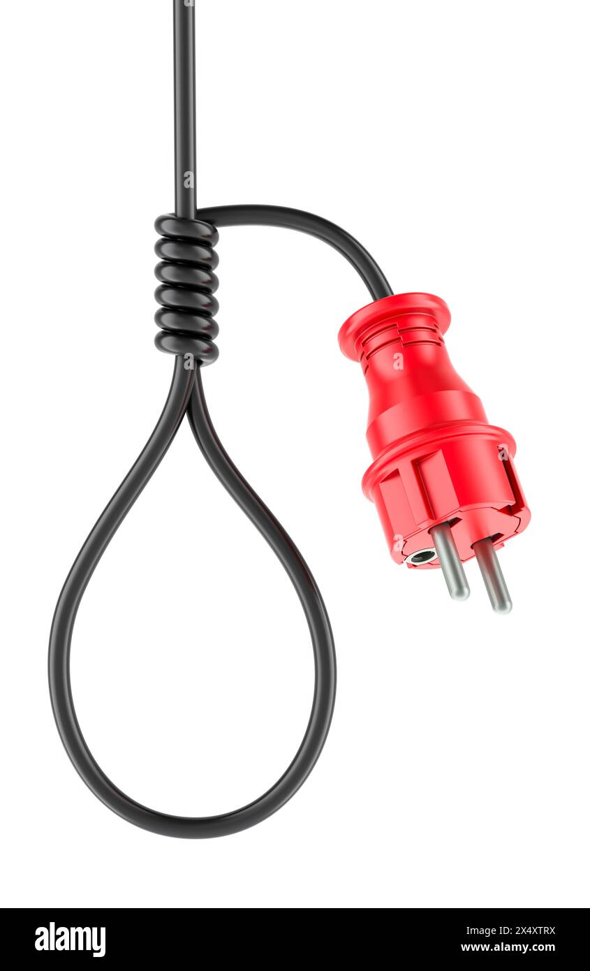Noose, hangmans knot from cable of power plug. 3D rendering isolated on ...