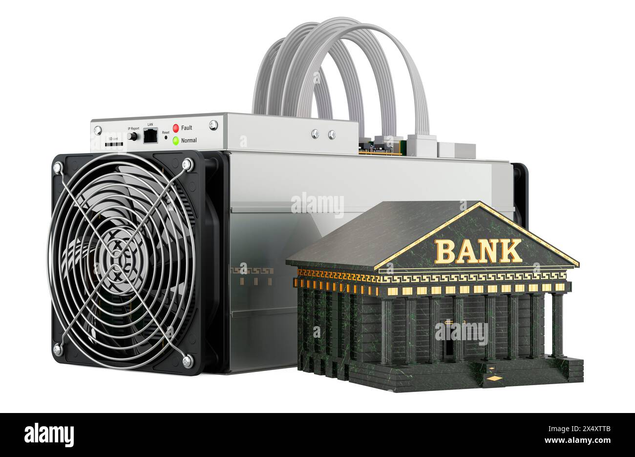 ASIC miner with bank building, 3D rendering isolated on white background Stock Photo - Alamy